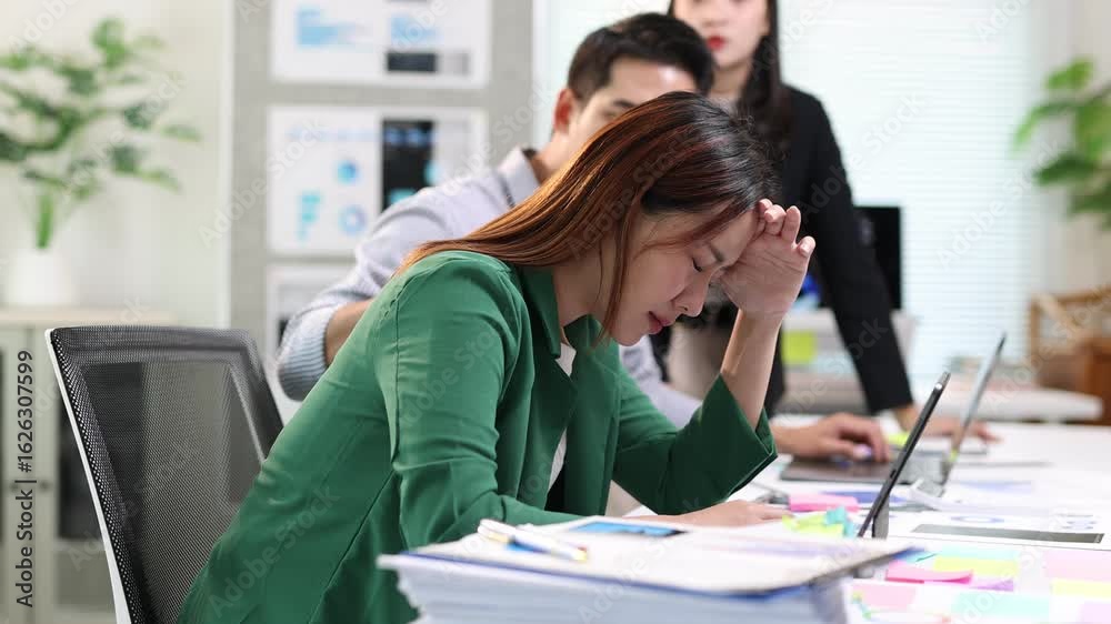 Stressed businesswoman and headache while working on laptop, receiving ...
