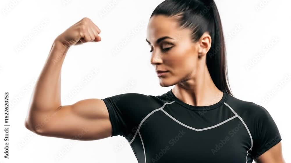 Confident woman flexing her arm over white background, symbolizing ...