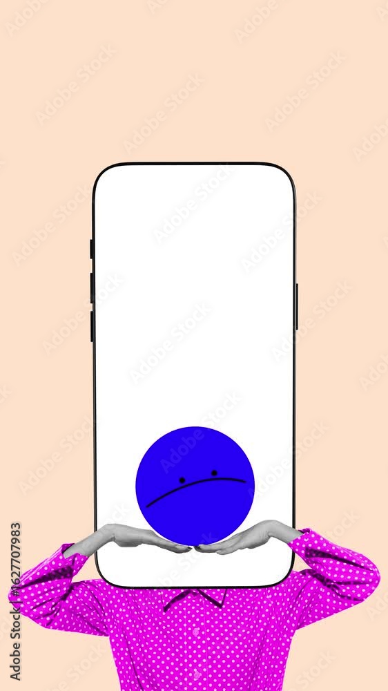 Quirky animation. Screen mask. Woman with phone as head and ironic ...