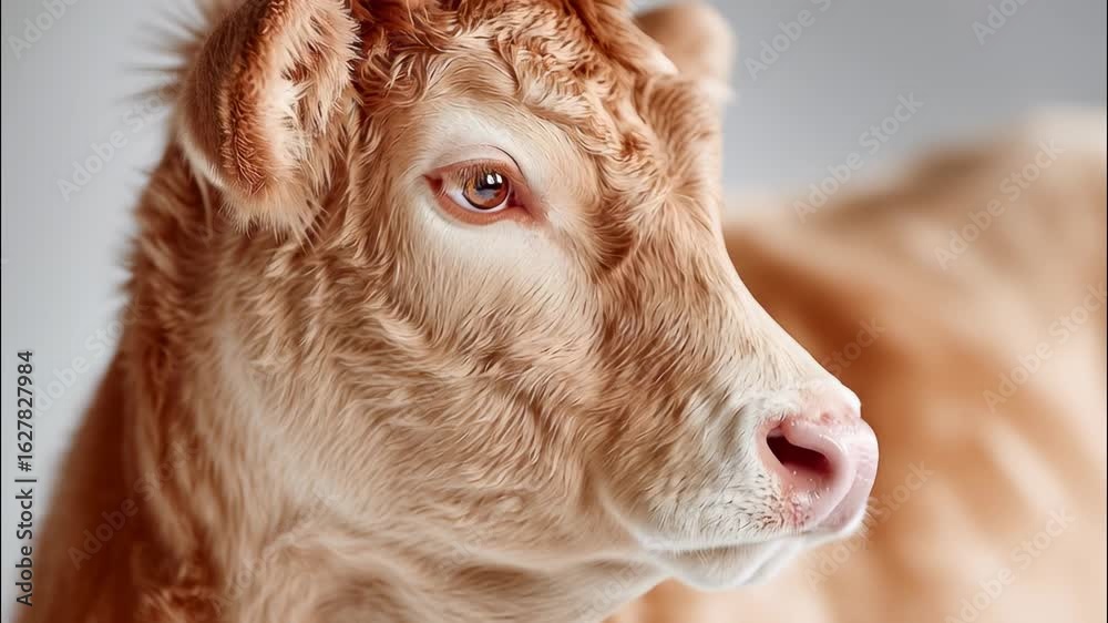Highland cow calf grazing in verdant pasture, sporting fluffy orange ...