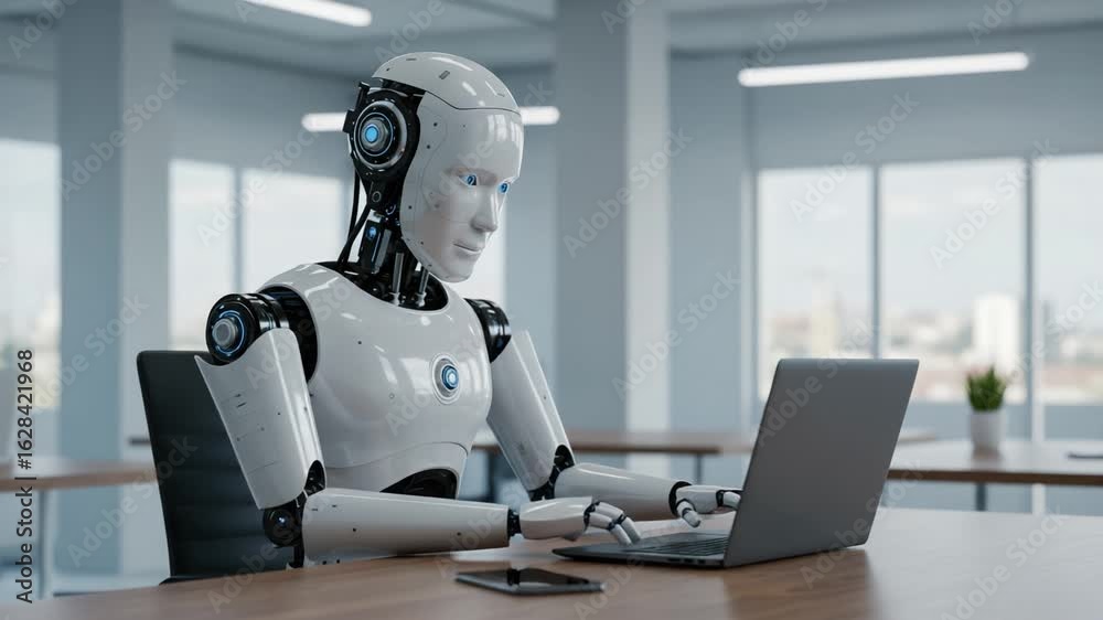 A sophisticated humanoid robot engaged in computer work within a modern office environment ...
