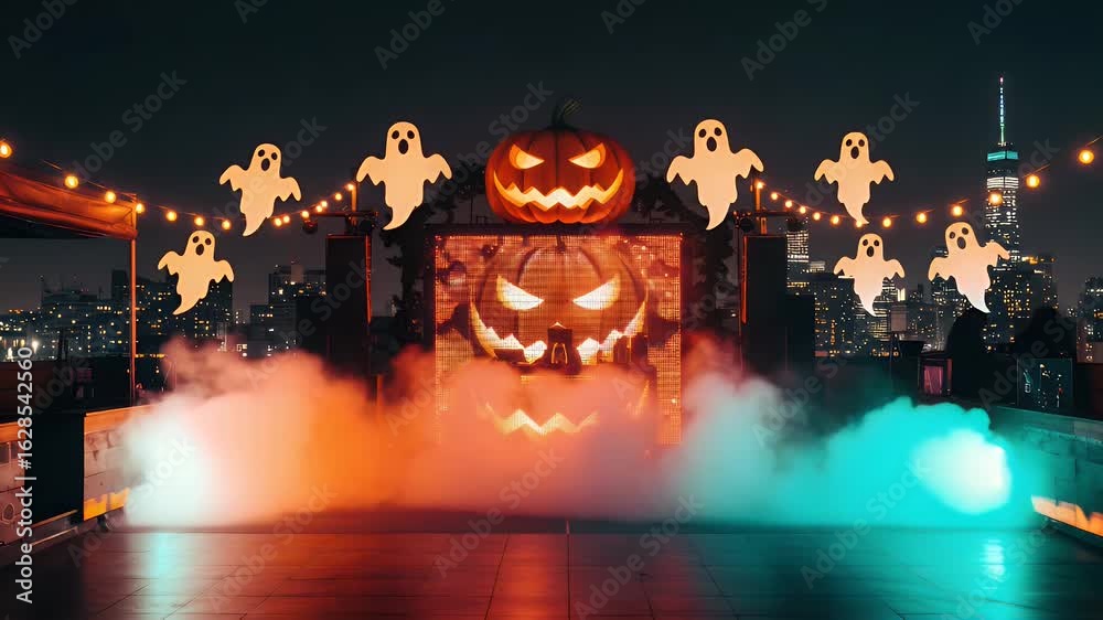 Halloween rooftop party with spooky decorations, a giant pumpkin, and ...
