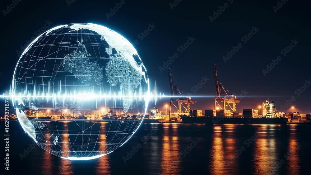 Virtual world trade connections depicted by radiant globe graphic over ...