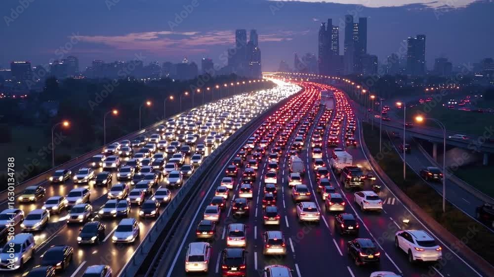 An epic rush hour traffic jam on a sprawling city highway at dusk, with ...