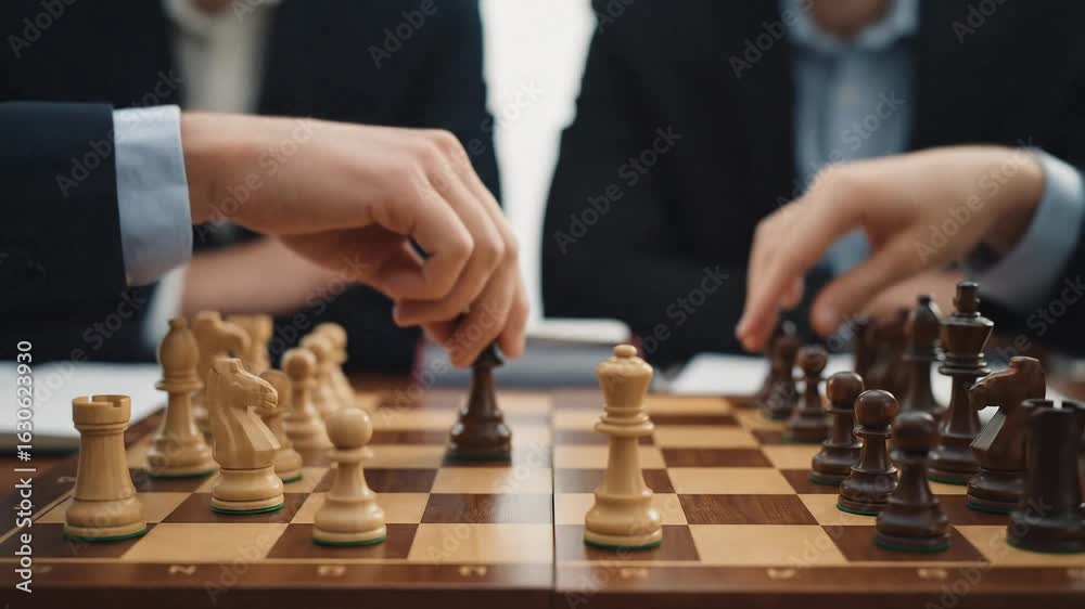 Two people play chess One hand is moving a black piece The game is in ...