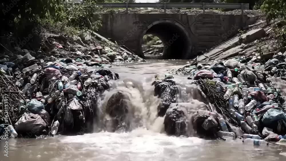 Murky brown water cascades over a dam of plastic bottles and garbage ...