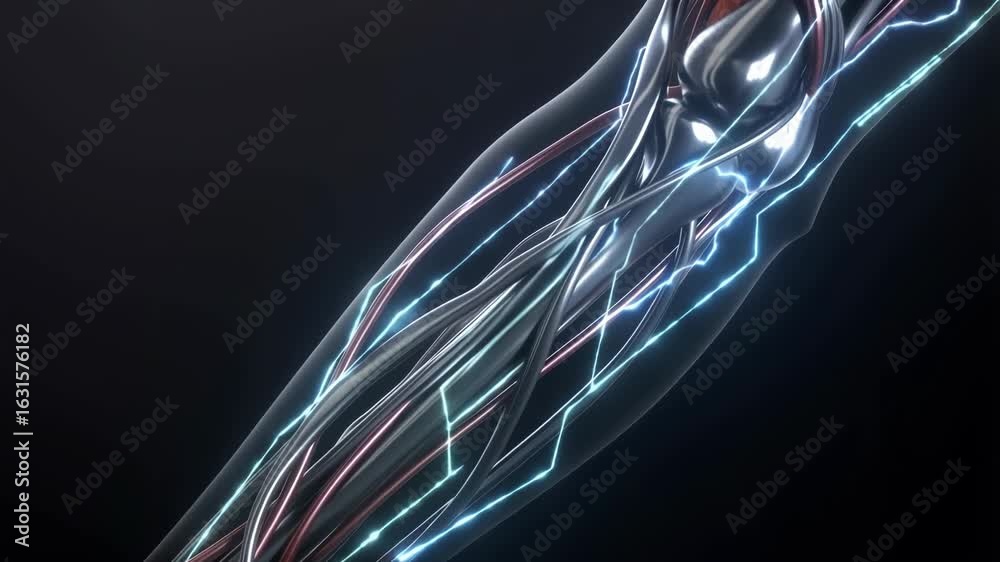 Human arm is shown with exposed muscles, tendons, and veins in a ...