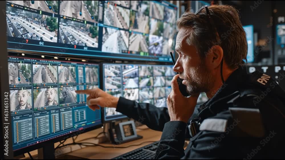 Security officer monitoring multiple CCTV camera feeds in a control ...