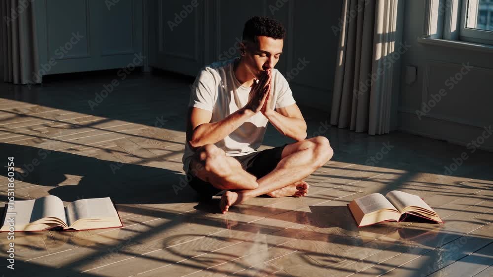 Man kneeling on carpet praying silently in soft light. Alone and ...