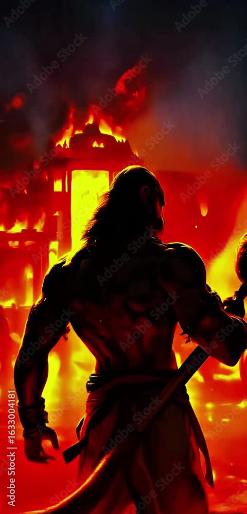 Hindu god Hanuman watching Lanka burn, holding his mace in the epic ...