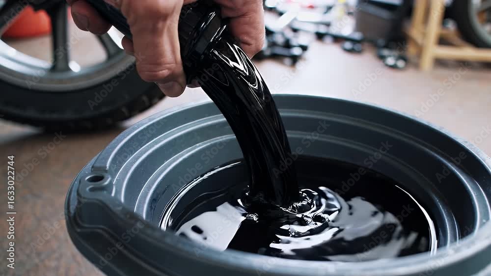 High resolution 4K macro of used motor oil being drained from a vehicle ...