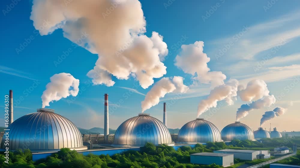 video of Industrial domes emitting smoke beneath a bright blue sky ...