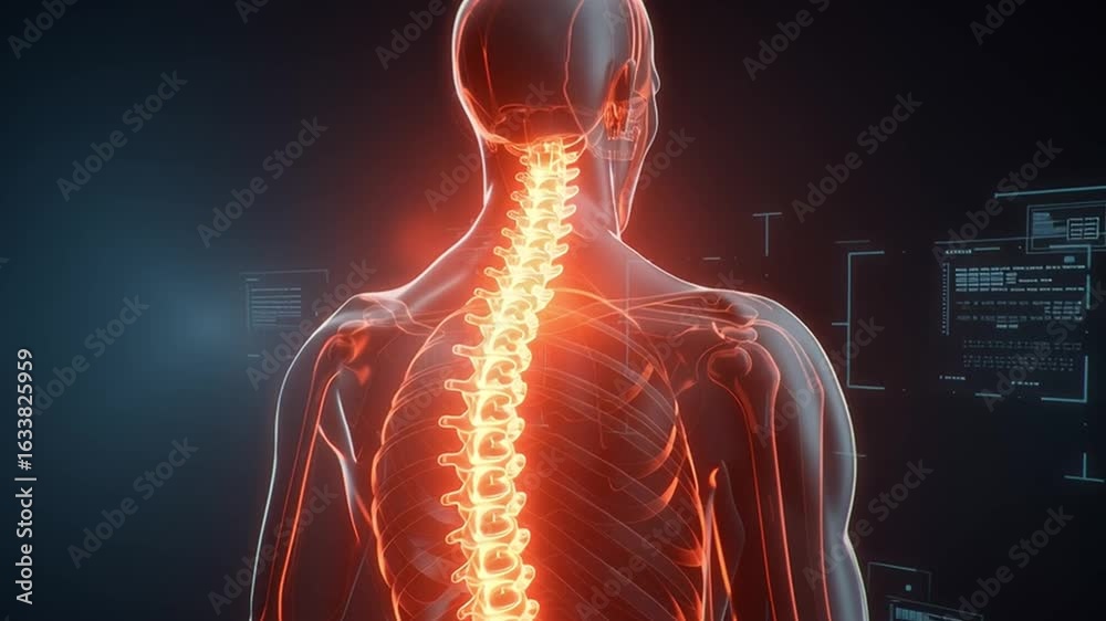A 4k visualization of the human spine shown from the back. It provides ...