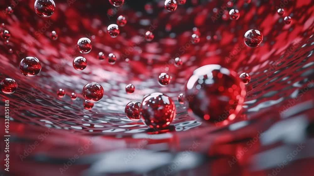 Blood droplets suspended in a dark, fluid environment illustrate the ...