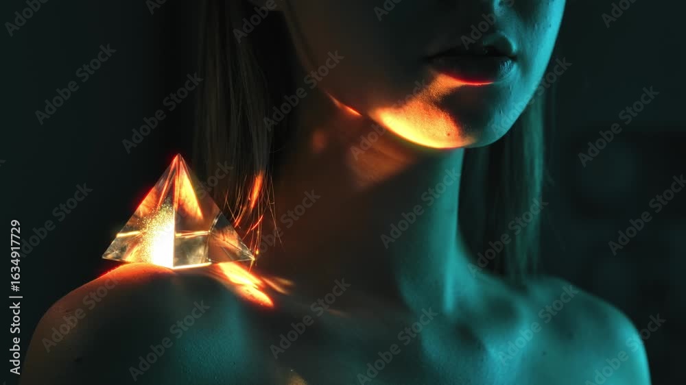 Glass prism reflecting light on woman shoulder in artistic low key ...