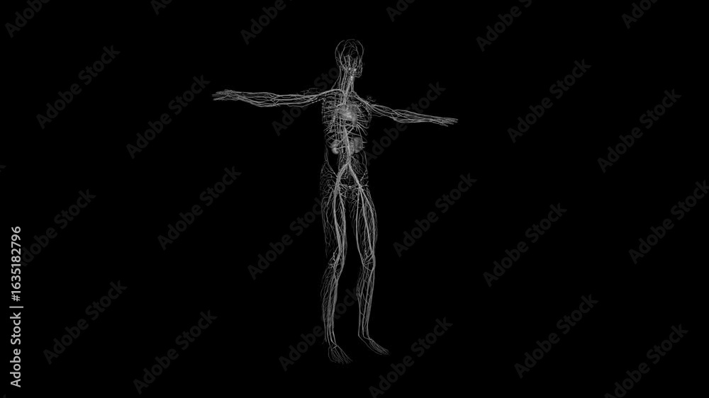 A detailed 3D model of the human body's vascular system, showing the ...