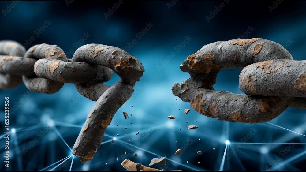 Rusty broken metal chain link breaking apart with flying debris and ...