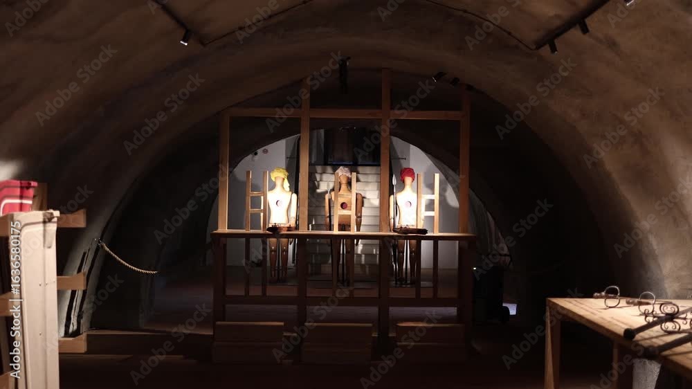 Three wooden training mannequins with target marks stand under ...