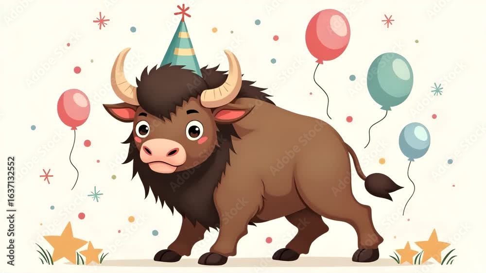 Kawaii Birthday Bison Clipart: Simplified Wild Party Design with Bright ...