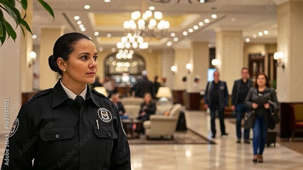 Vigilant Female Security Guard on Duty in a Grand Hotel Lobby ...