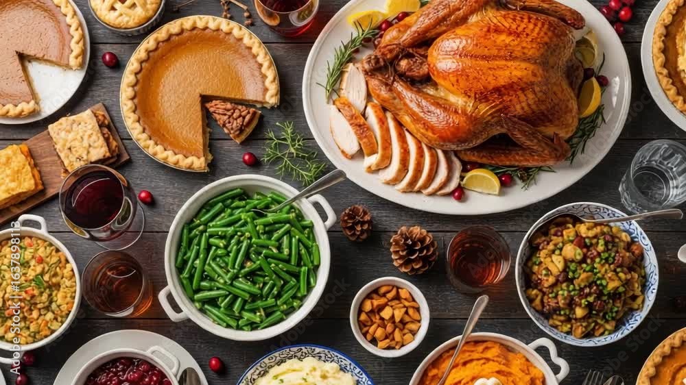 Traditional festive Thanksgiving turkey dinner. Turkey, mashed potatoes ...