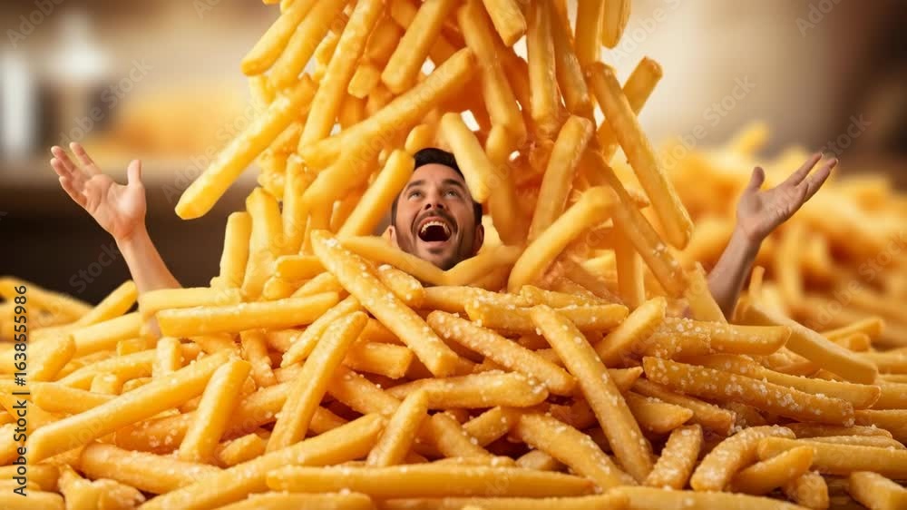 A funny and happy man is buried in a giant pile of golden french fries ...