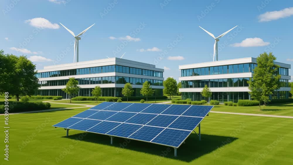 A modern office complex powered by an integrated system of solar panels ...