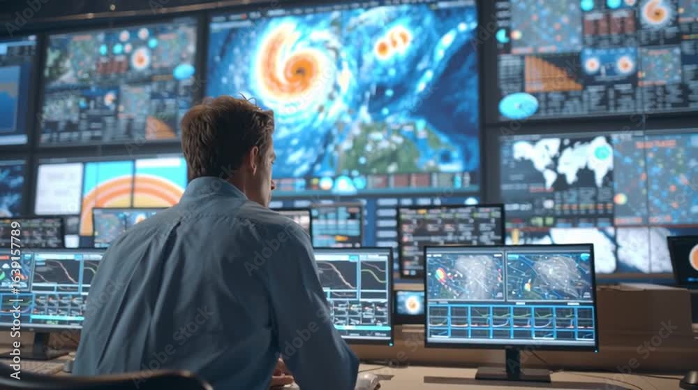 Meteorologist analyzing radar forecasting data with weather screen and ...