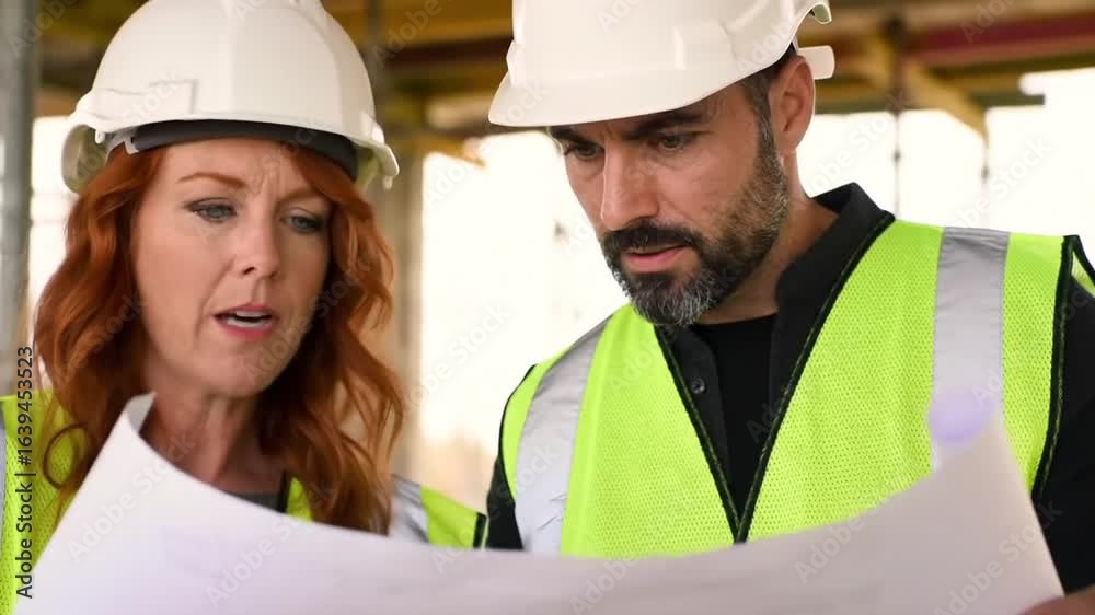 Two construction workers, a man and a woman, review blueprints while ...