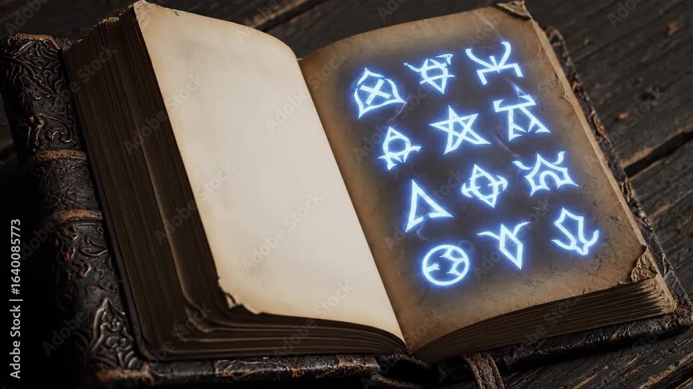 Glowing Magic Symbols in Ancient Spellbook - An open antique spellbook ...