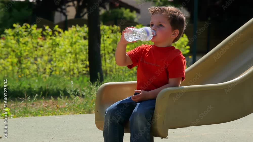 After active play, a tired young boy sits on a slide to rest. He drinks ...