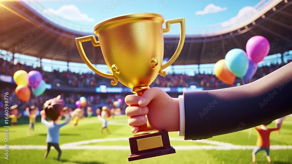 Golden Trophy Raised High Above Cheering Crowd at Outdoor Stadium with ...