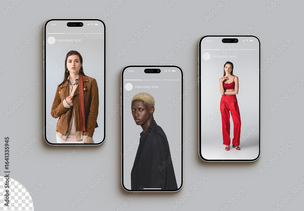 Multi Screen Phone Social Media Stories Web App Mockup Stock Template ...