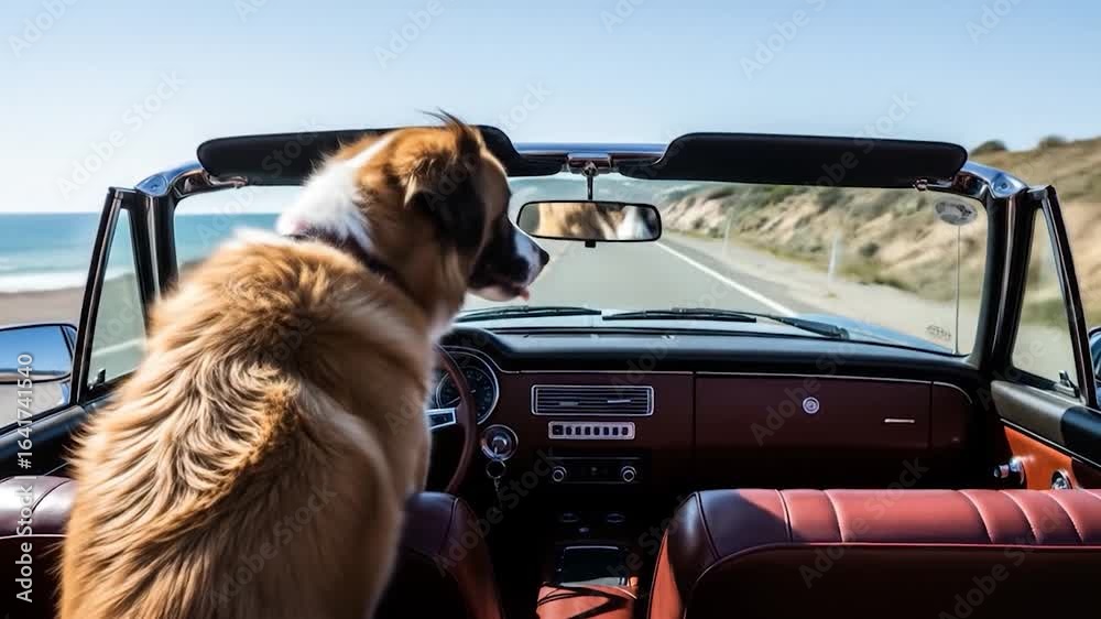 Dog's Road Trip: A Furry Friend Driving a Convertible on a Coastal ...