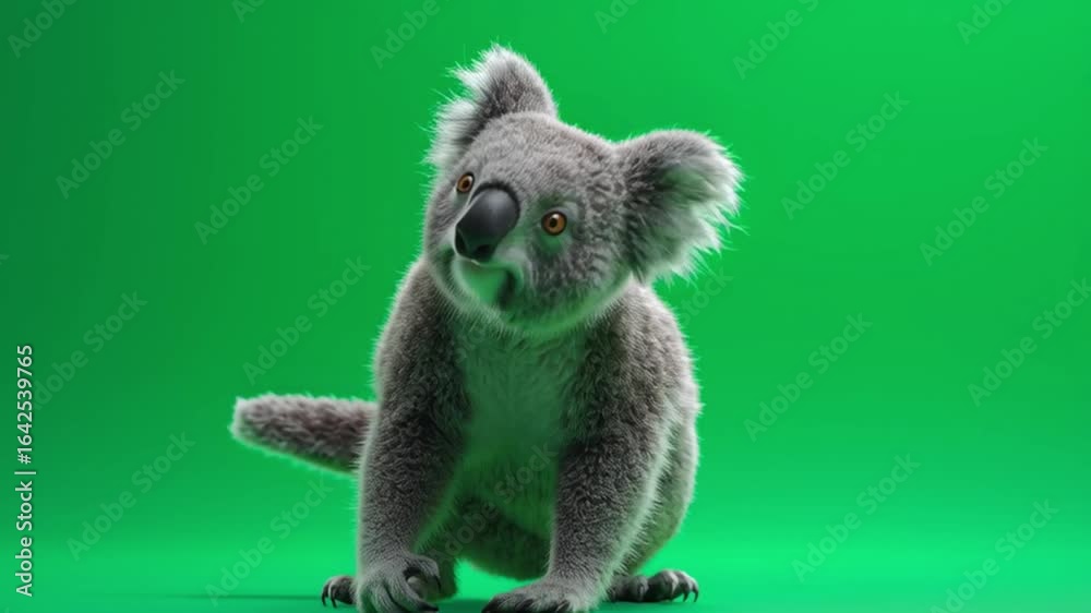 Koala dancing on a green screen background with its arms raised in a ...