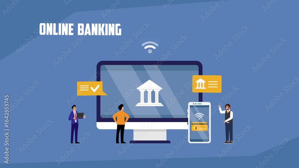 Animated people using online banking with a large computer monitor and ...