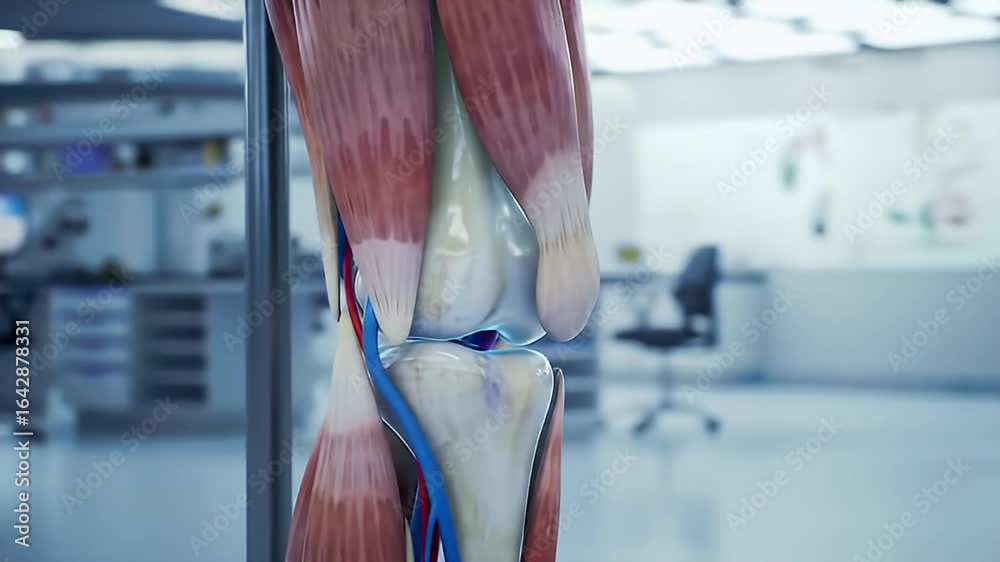 Knee joint anatomy 3D medical illustration showing muscles, ligaments ...