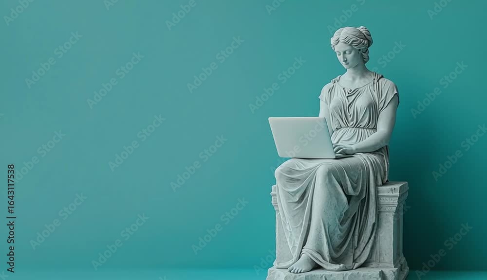 A Greek statue of an ancient woman sitting on her laptop, solid blue ...