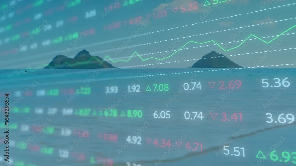 Coastal view opening, financial chart overlay scrolling tickers and ...