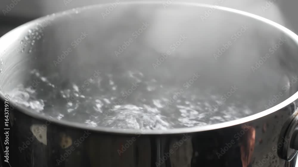 Boiling Water in Stainless Steel Pot - Close-up view of water actively ...