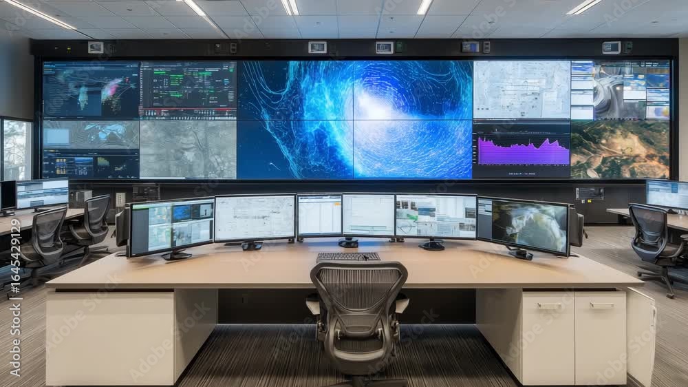 High tech command center showcases multiple screens displaying maps ...