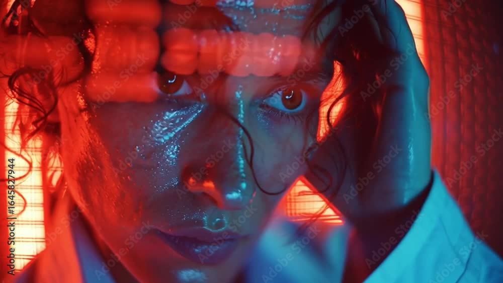 Exhausted office worker trapped glowing holographic cage screens ...