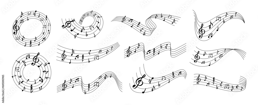 Music notes wave. Flowing musical staff lines with notes, clefs and ...