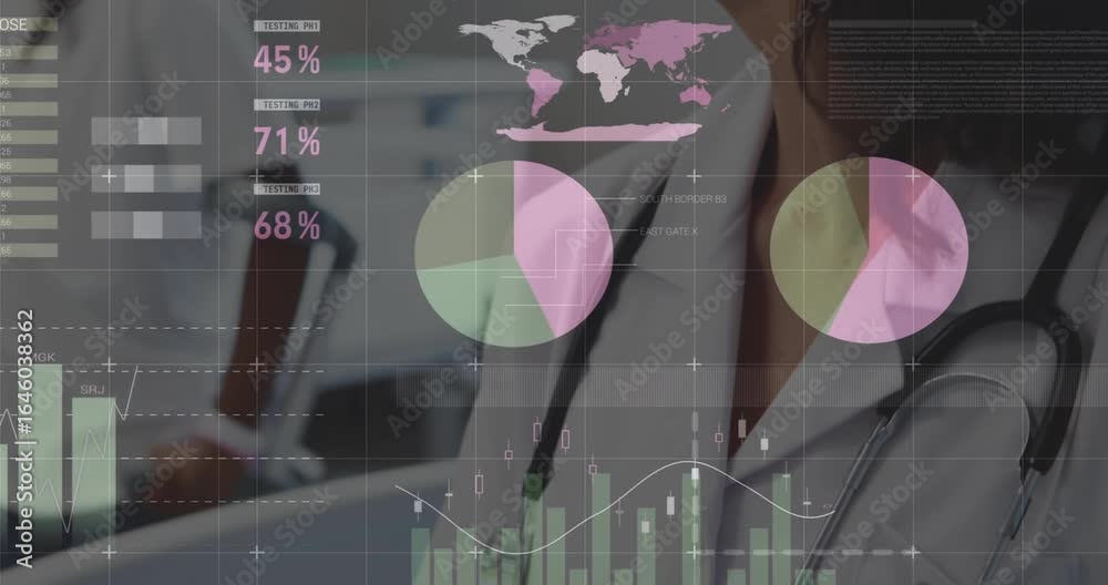 Doctor writing chart and using graphs, pie charts and world map while ...