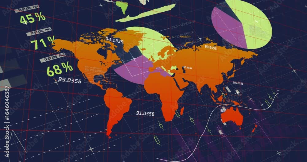 As green gauge dropping, orange world map rotating pie segments, bar ...