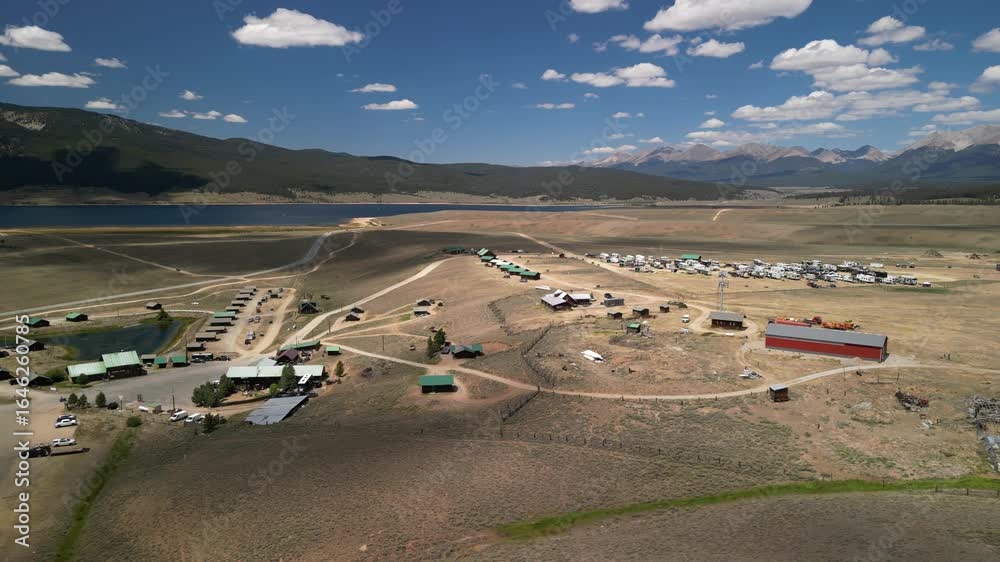 Aerial of Taylor Park trading post and campground and reservoir in ...