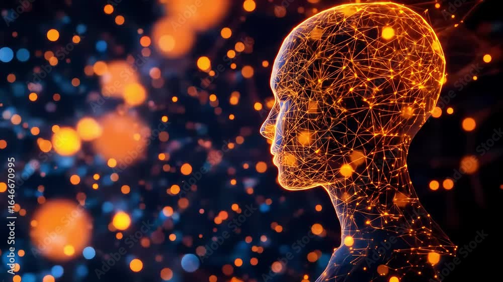 Dynamic digital human head profile with glowing connections, futuristic ...
