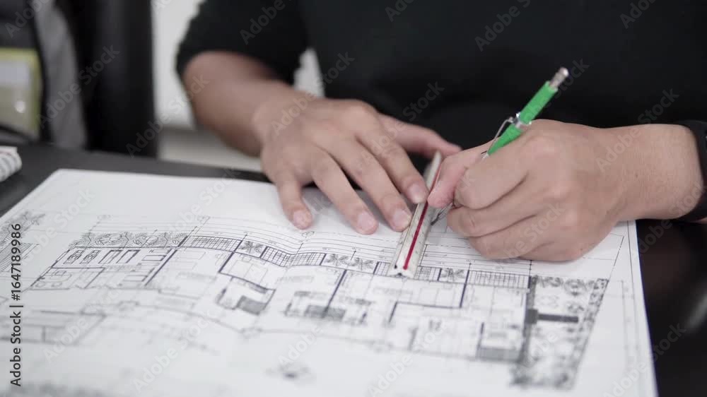 Close-up of architect Man’s hands drawing lines on the Large Format ...