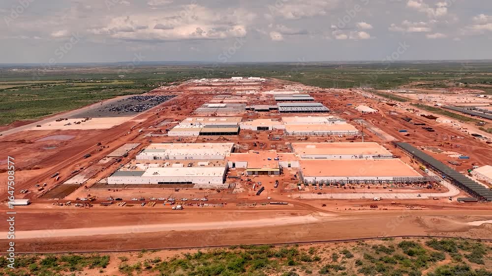 Drone aerial view of hyperscale data center construction with steel ...