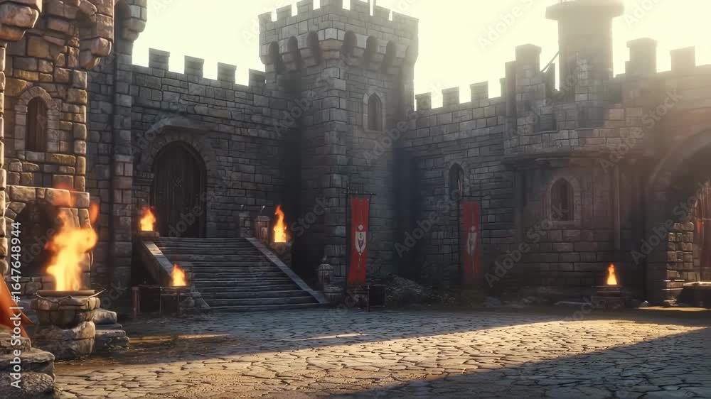 Epic Medieval Castle Courtyard with Burning Torches and Banners in a ...